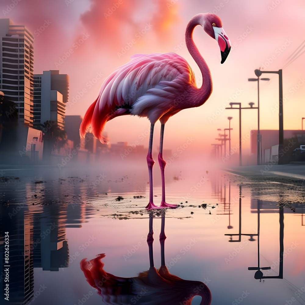 surrealism a giant flamingo standing over a mirrored flooded city side ...