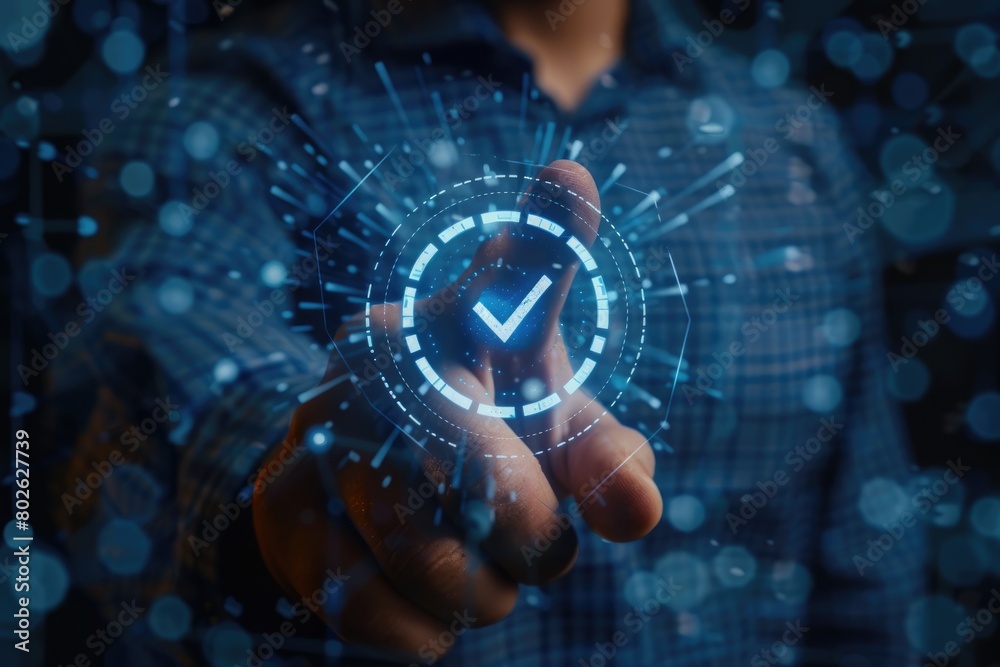 Glowing blue check mark icon and finger. Stock Photo | Adobe Stock