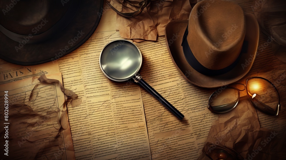 Vintage magnifier on crime scene background: retro detective tool for ...