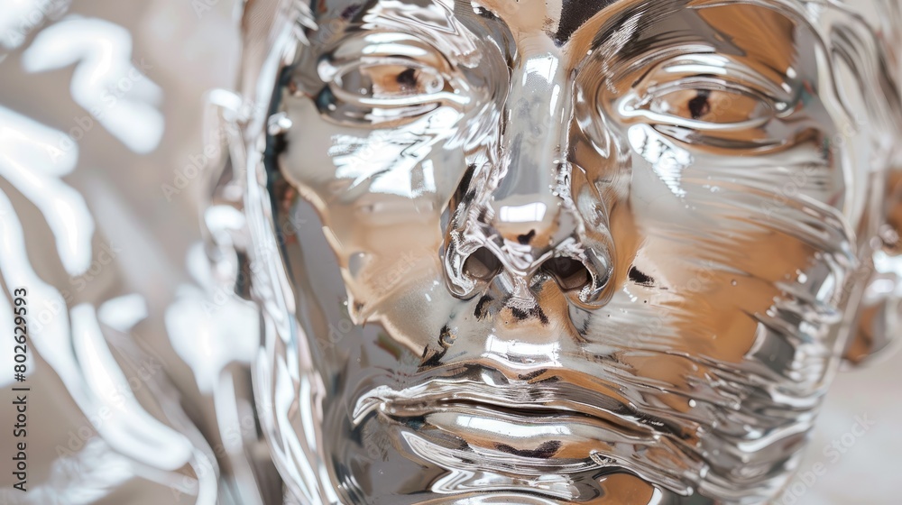 The image is a close-up of a human face. The face is made of metal and ...