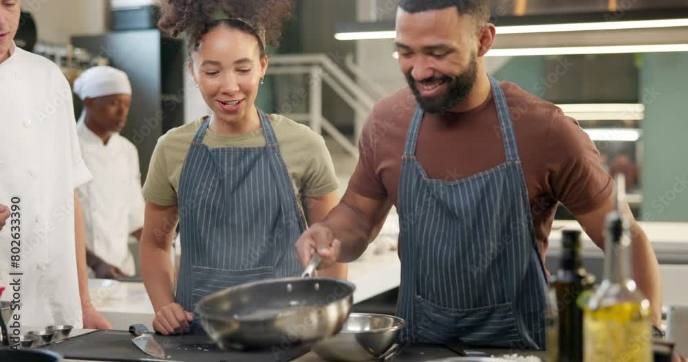 Vidéo Stock Couple, cooking and learning with professional kitchen ...