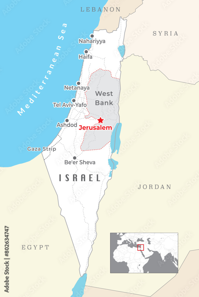 Israel political map and capital Jerusalem with national borders and ...