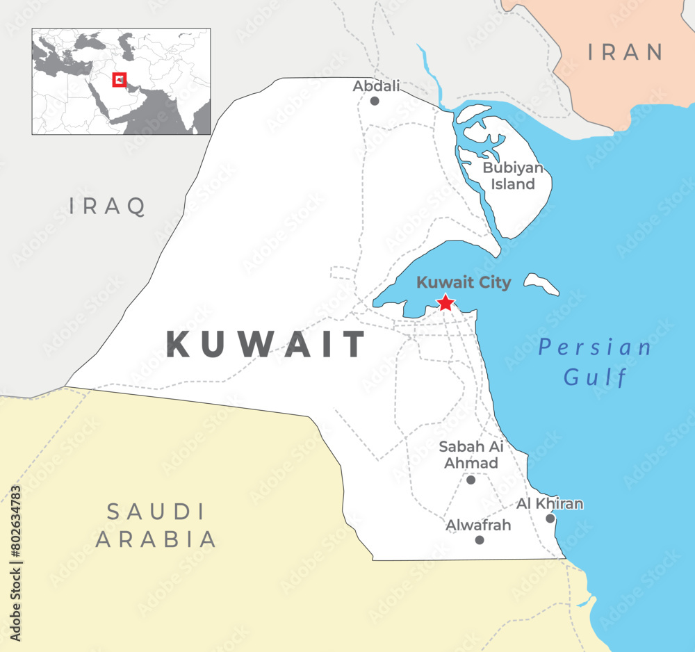 Kuwait Political Map with capital Kuwait city, most important cities ...