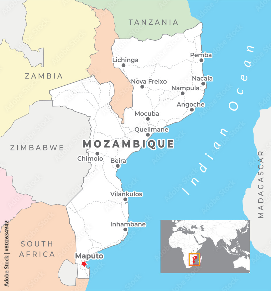 Mozambique Political Map and capital Maputo, with national borders and ...