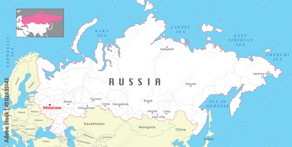 Russia political map with capital Moscow and national borders ...