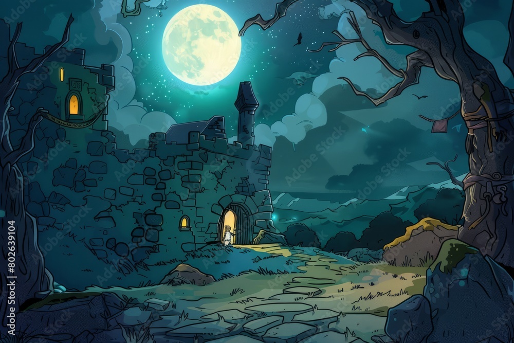 Cartoon cute doodles of a couple exploring a deserted castle by ...