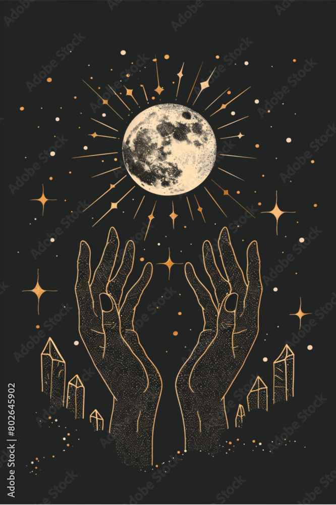 Magic hands with moon and healing crystal in trendy boho style. Alchemy ...