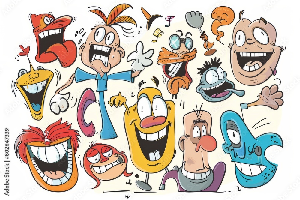 Cartoon cute doodles of a society where laughter is outlawed, but a ...