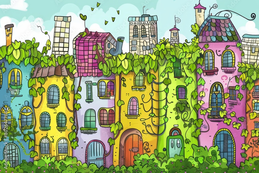 Cartoon cute doodles of a world where plants have taken over and ...