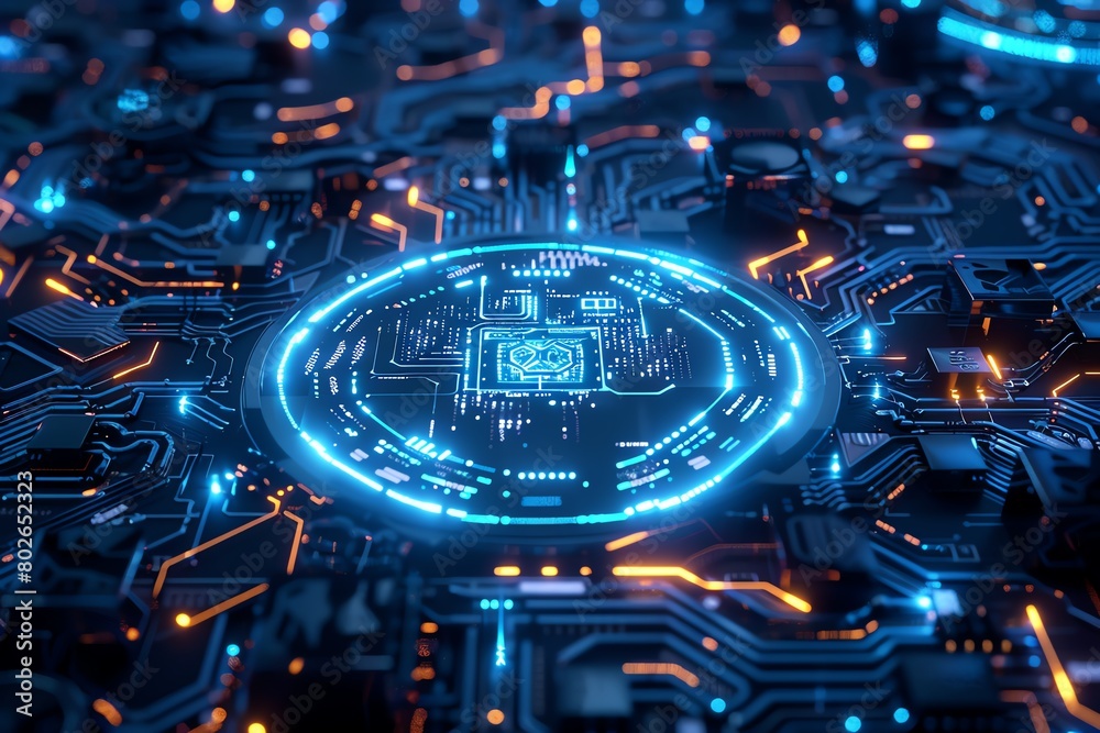 Cybersecurity shield around a network of computers, 4K, neon blue ...