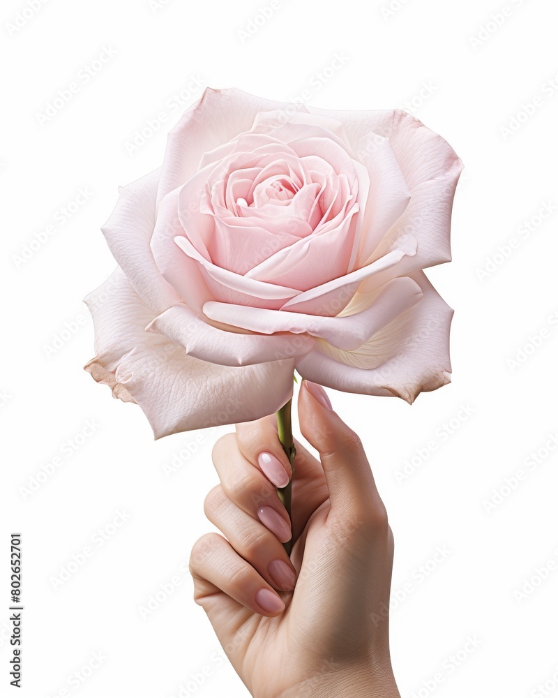 A hand holding a beautiful pink rose. The rose is in full bloom and has ...