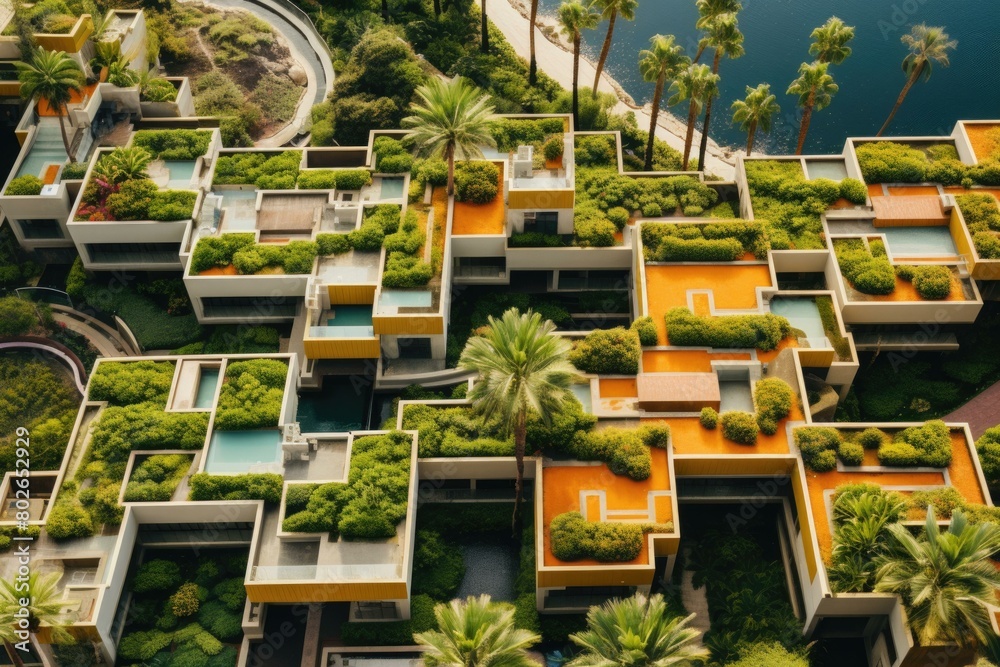 Futuristic housing complex with green rooftops and swimming pools. AI ...