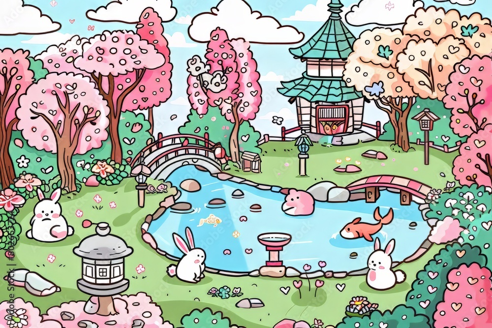 Cartoon cute doodles of a peaceful Japanese garden with cherry blossom ...