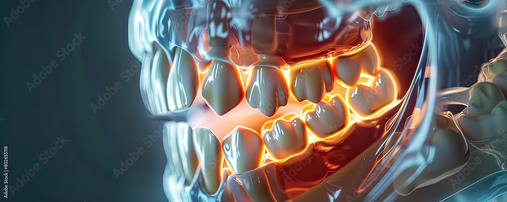 Striking digital art of luminescent human teeth set against a dark ...