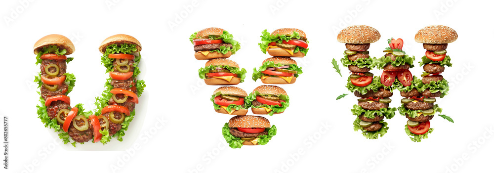 burger decorated with alphabet letters U,V,W with on transparent ...