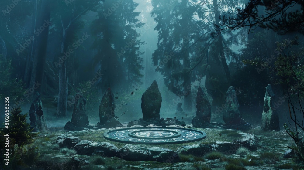 In the depths of a mysterious forest a circle of druids gather around a ...