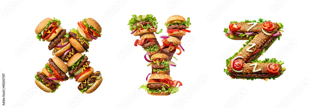 burger decorated with alphabet letters X,Y,Z with on transparent ...