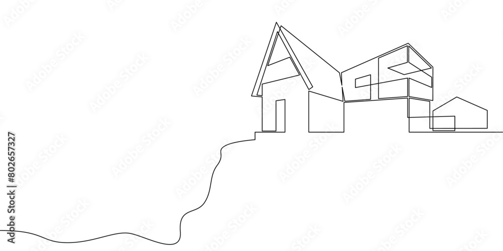 One continuous line.Modern minimalist home. Residential country house ...