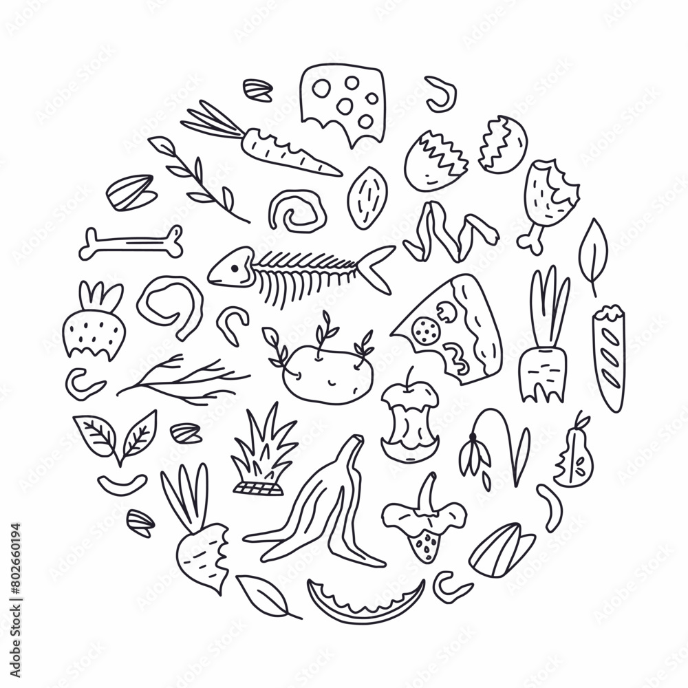 Vector illustration in the shape of a circle, organic waste, food ...
