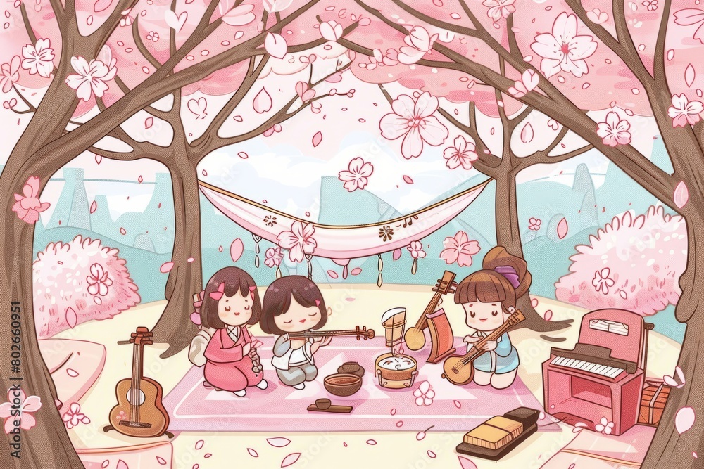Cartoon cute doodles of a whimsical hanami (cherry blossom viewing ...