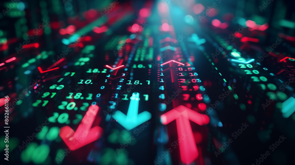 dynamic and colorful visualization of stock market data. Red and green ...