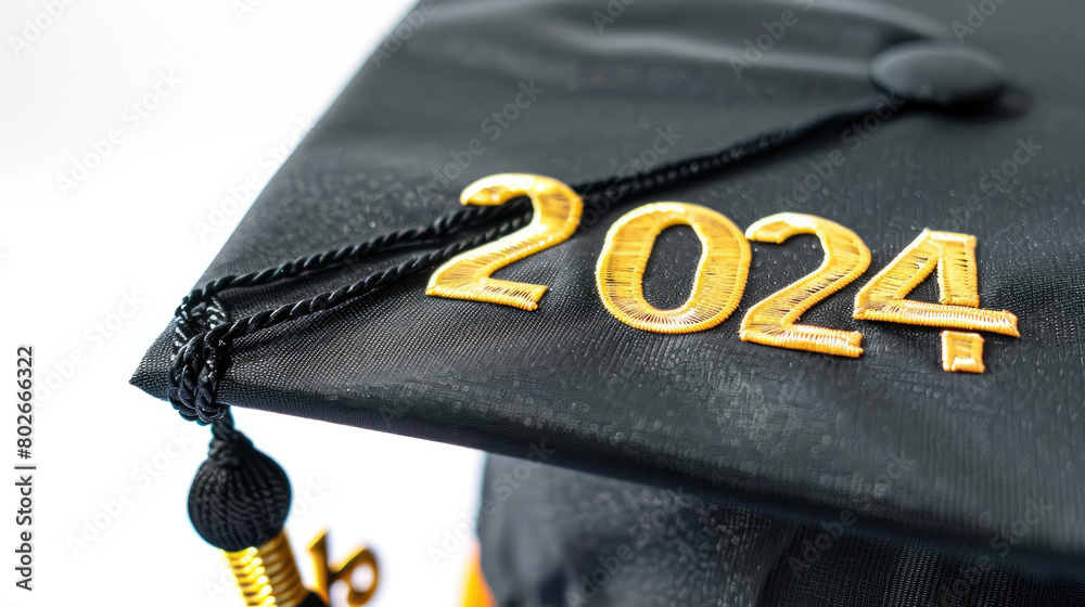 Black graduation hat clipart, with a black tassel that says 2024,gold ...