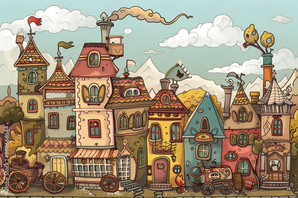Cartoon cute doodles of a charming steampunk village nestled in the ...