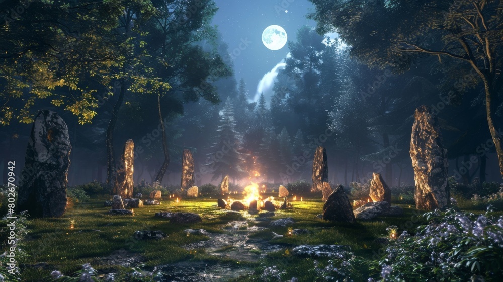 A mystical forest clearing lit by the soft glow of moonlight where a ...