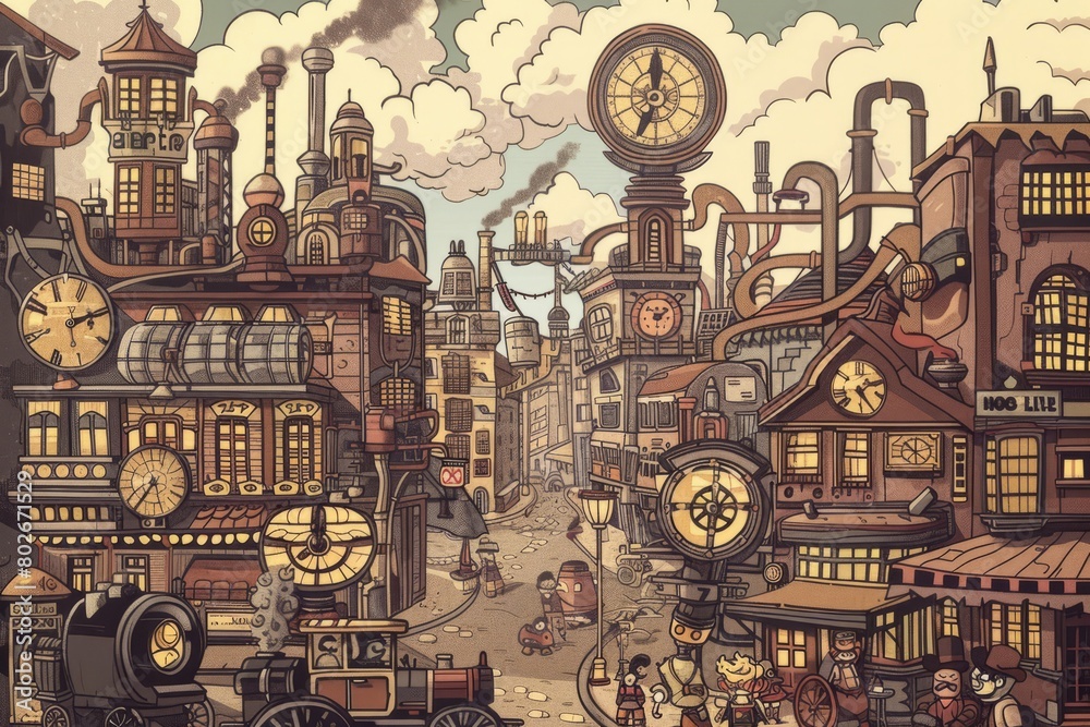 Cartoon cute doodles of a steampunk metropolis, where characters ...