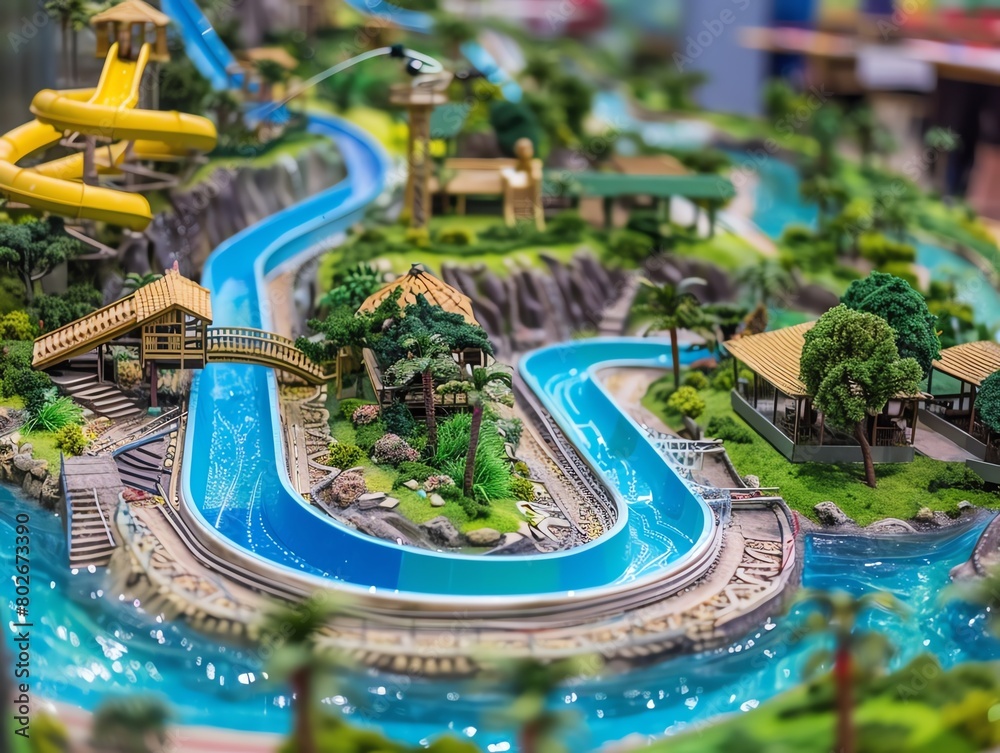 The image shows a miniature water park with a lazy river, tube slides ...