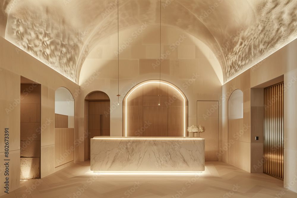 Minimalistic modern spa interior with warm lighting, showcasing an ...