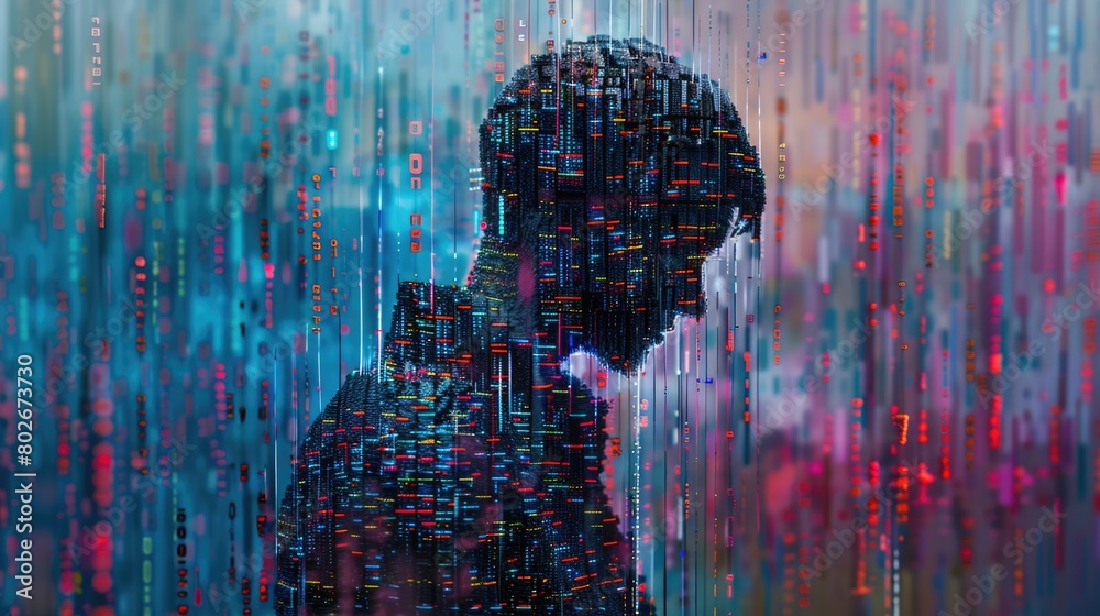 A man standing silently in front of a window covered in raindrops, with a binary code matrix ...