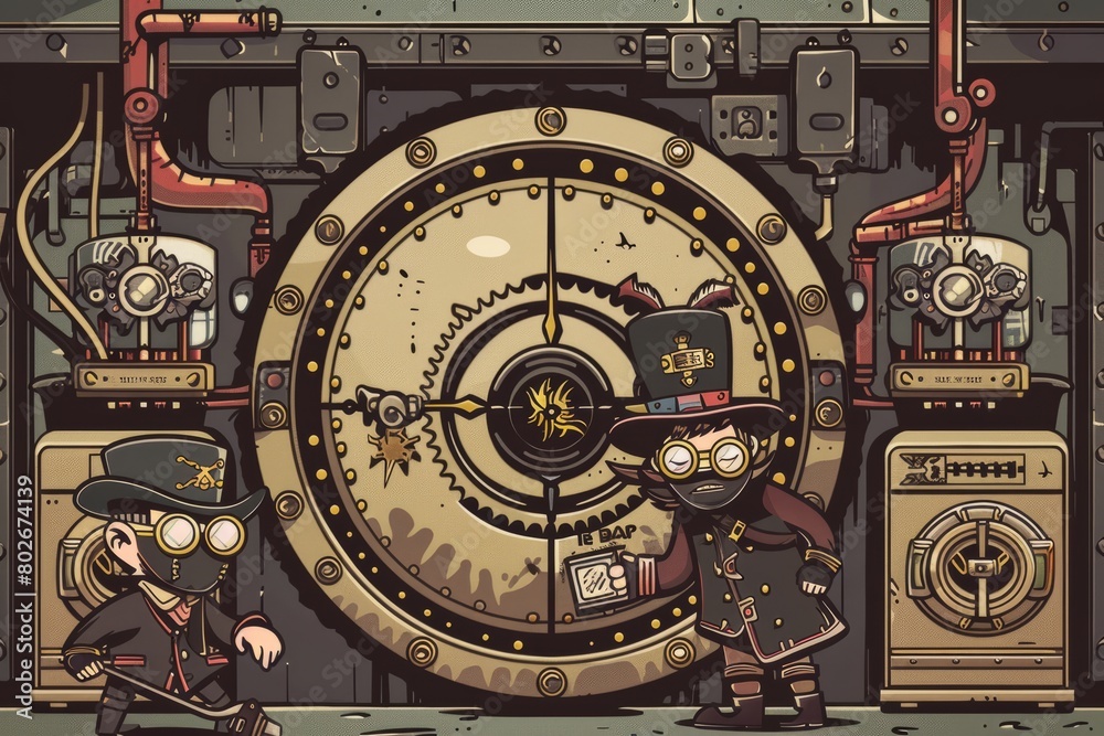 Cartoon cute doodles of a thrilling steampunk heist, where characters ...