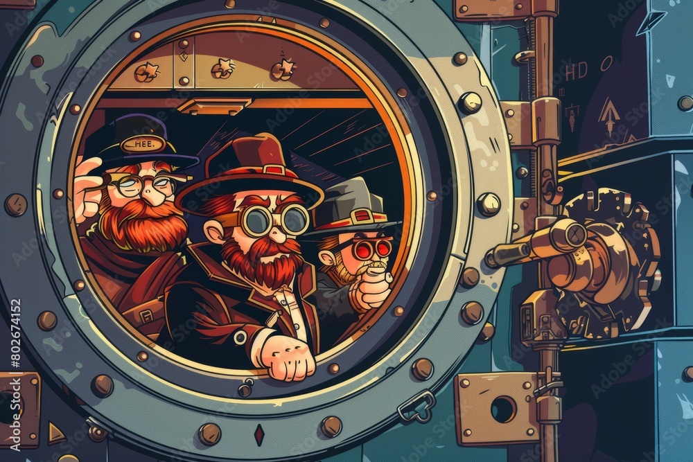 Cartoon cute doodles of a thrilling steampunk heist, where characters ...