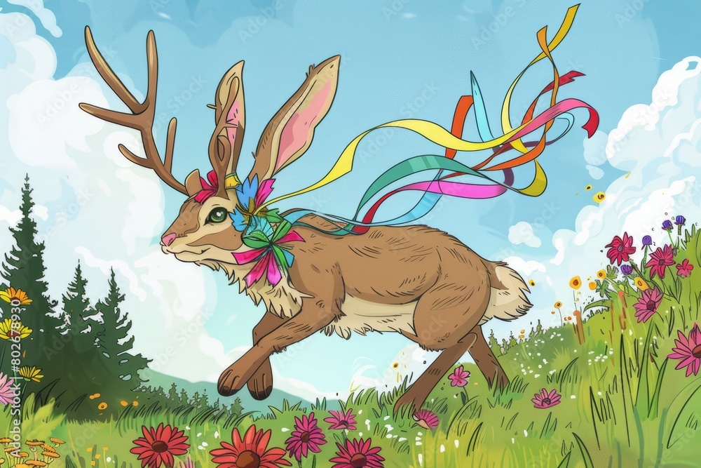 Cartoon cute doodles of a curious jackalope bounding through a field of ...