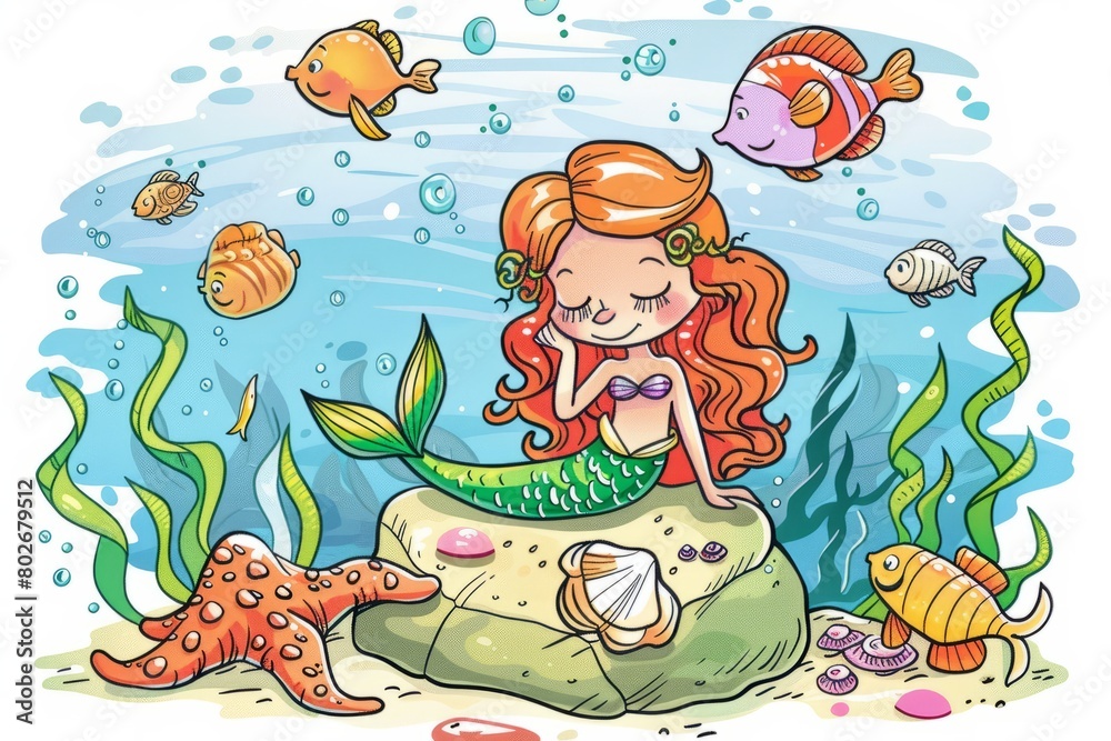 Cartoon cute doodles of a graceful mermaid lounging on a rock in the ...
