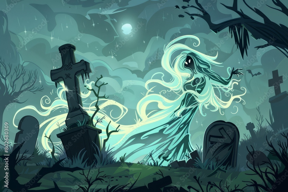 Cartoon cute doodles of a mystical banshee haunting an ancient ...