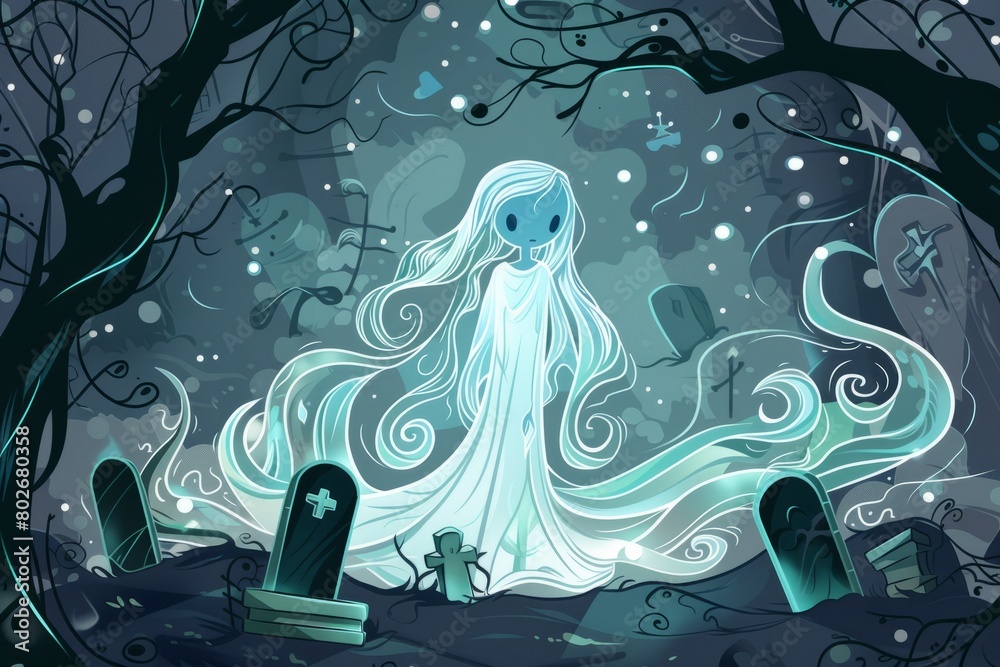 Cartoon cute doodles of a mystical banshee haunting an ancient ...