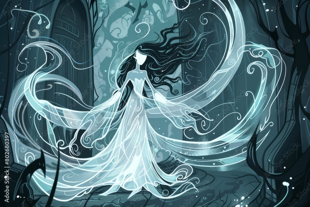 Cartoon cute doodles of a mystical banshee haunting an ancient ...