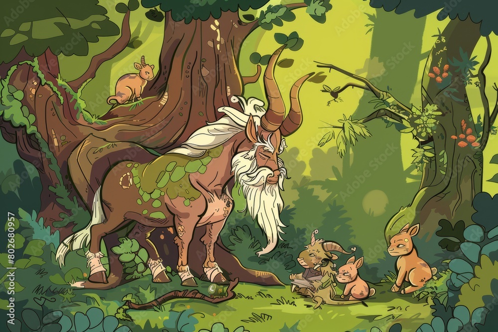 Cartoon cute doodles of a wise old centaur teaching young creatures ...