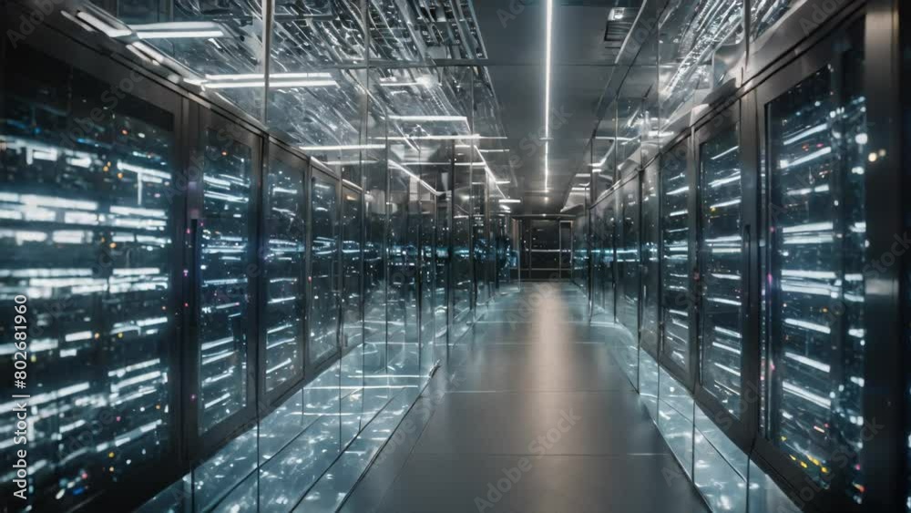 modern data center with numerous server racks lined up in a long ...