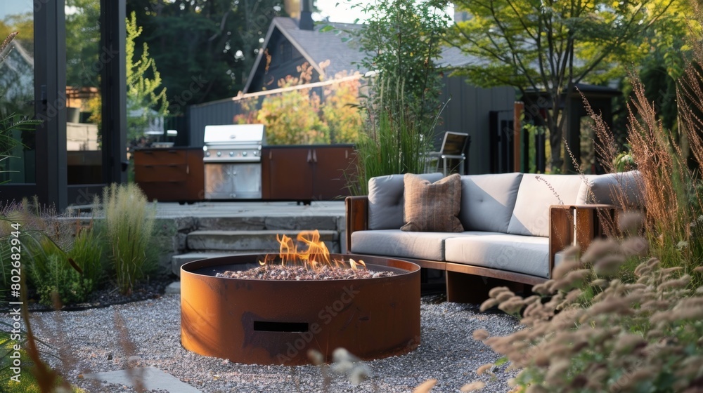 A bold fire pit with its rusted steel finish adds an industrial edge to ...