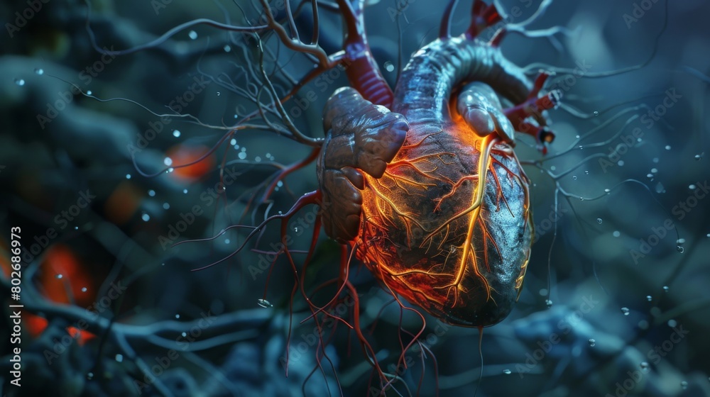 3D rendering image depicting the pathophysiology of heart failure ...