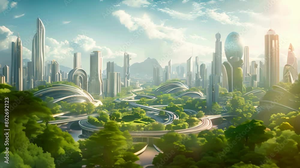 A futuristic cityscape with sleek skyscrapers, interconnected bridges ...