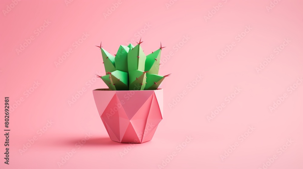 Detailed origami cactus with sharp folds set against a solid soft pink ...