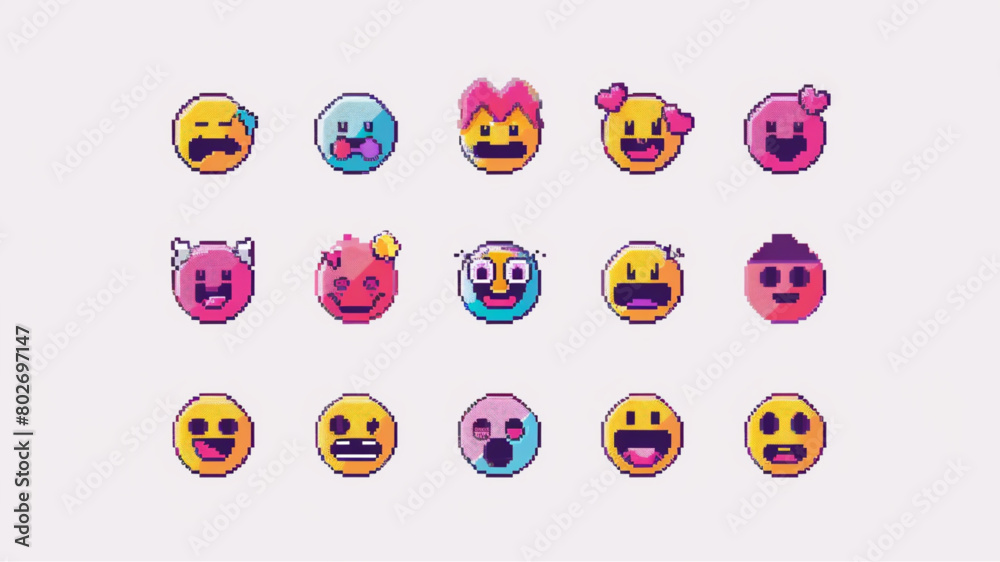 Retro game 8 bit pixel art emoji icon set. Emoticon with various ...