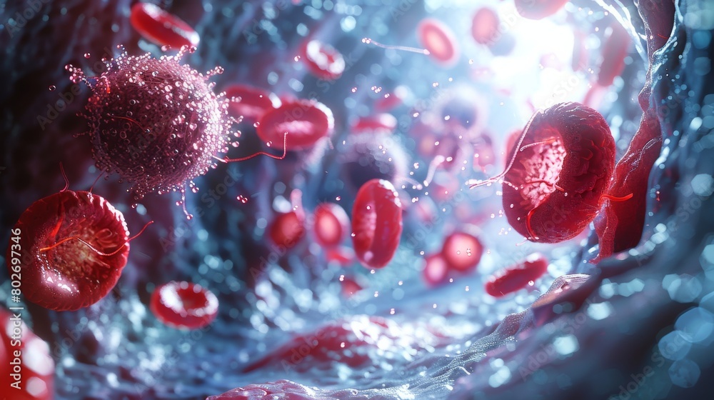 3D rendering image illustrating the role of red blood cells in oxygen ...