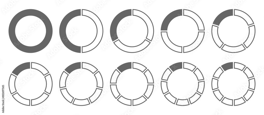 Circle divided diagram set. Graph icon pie shape section chart. Segment circle round vector ...