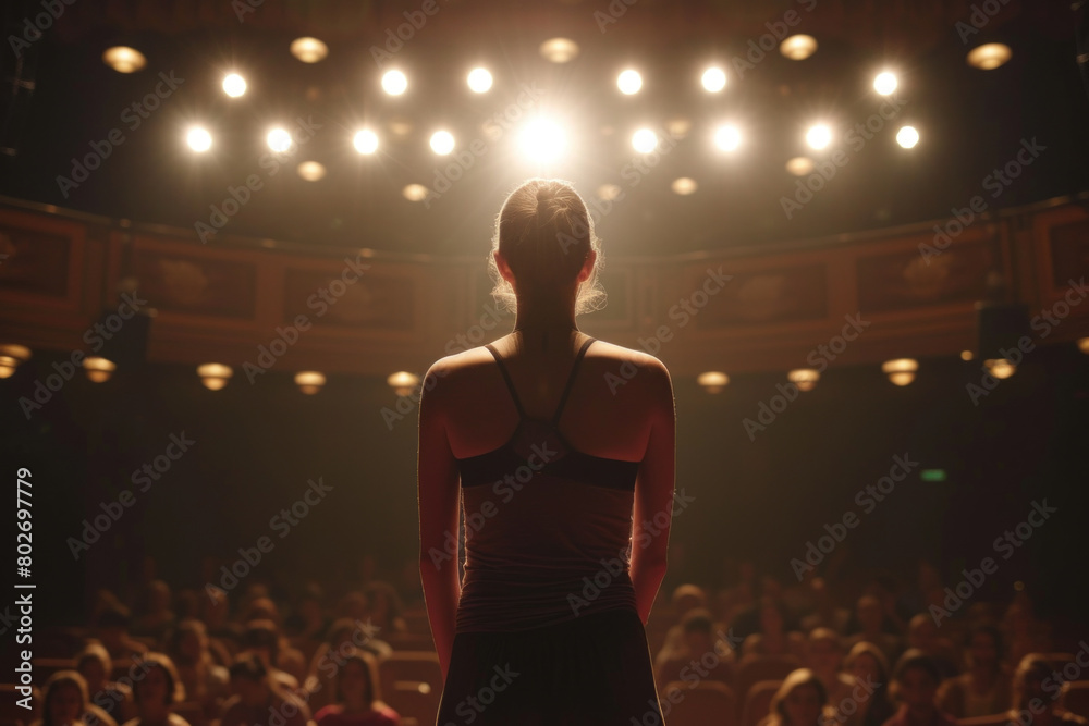 Young actress standing alone on stage facing a crowded theater ...