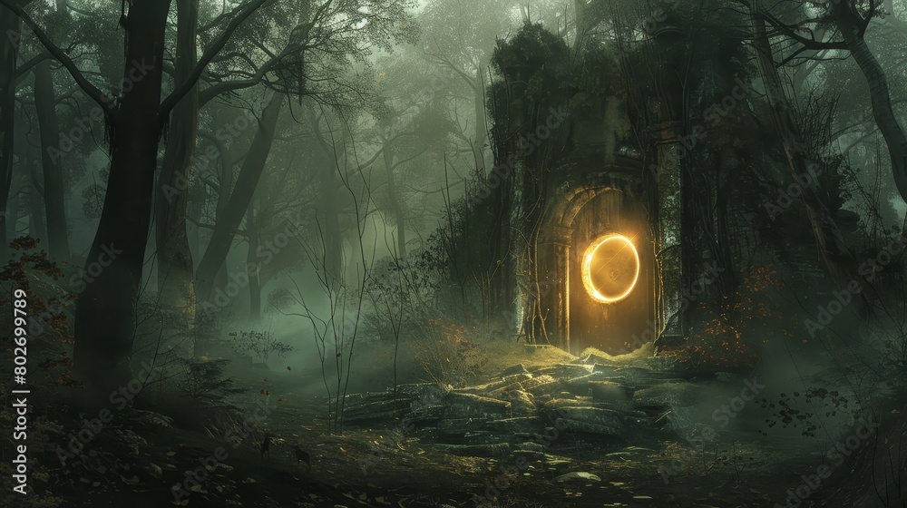 A foreboding open door casts light on a ring gate amidst a smoke-filled ...